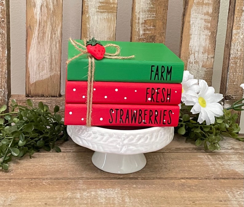 Strawberry Mini Wood Book Stack, Strawberry Decor, Farmhouse Tiered ...