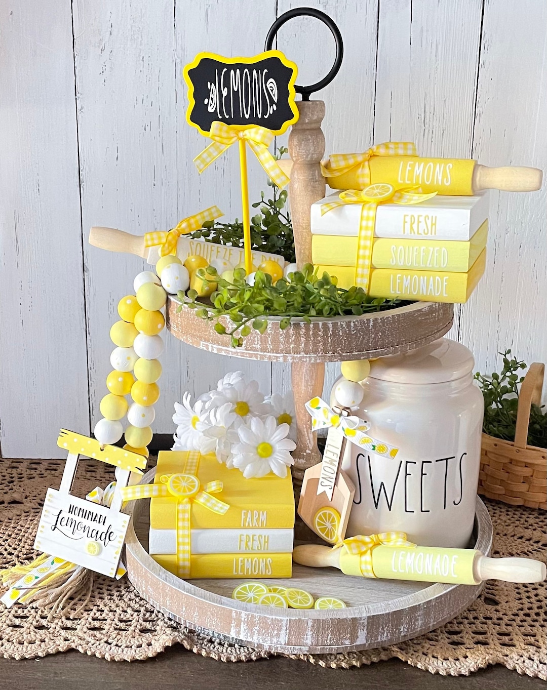 Farmhouse Lemon Tiered Tray Decor, Lemon Decor, Lemon Wood Beads ...