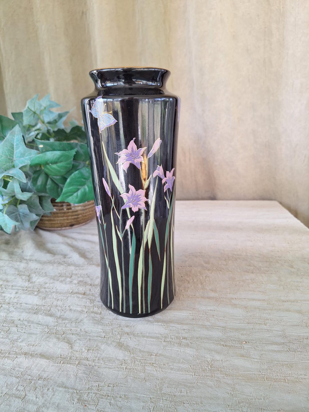 Vintage Onyx Chinoiserie Vase: Asian Style Lily & Butterfly Decor - Etsy