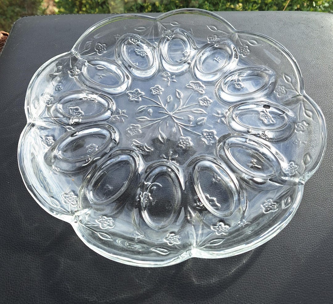 Vintage Pressed Glass Egg Plate: Floral Relish Dish - Etsy