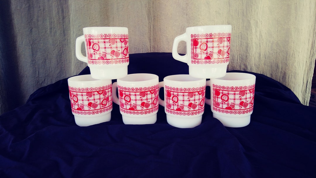 Vintage Fire King Red Apple Mug Set. Mid Century Milk Glass Mugs ...