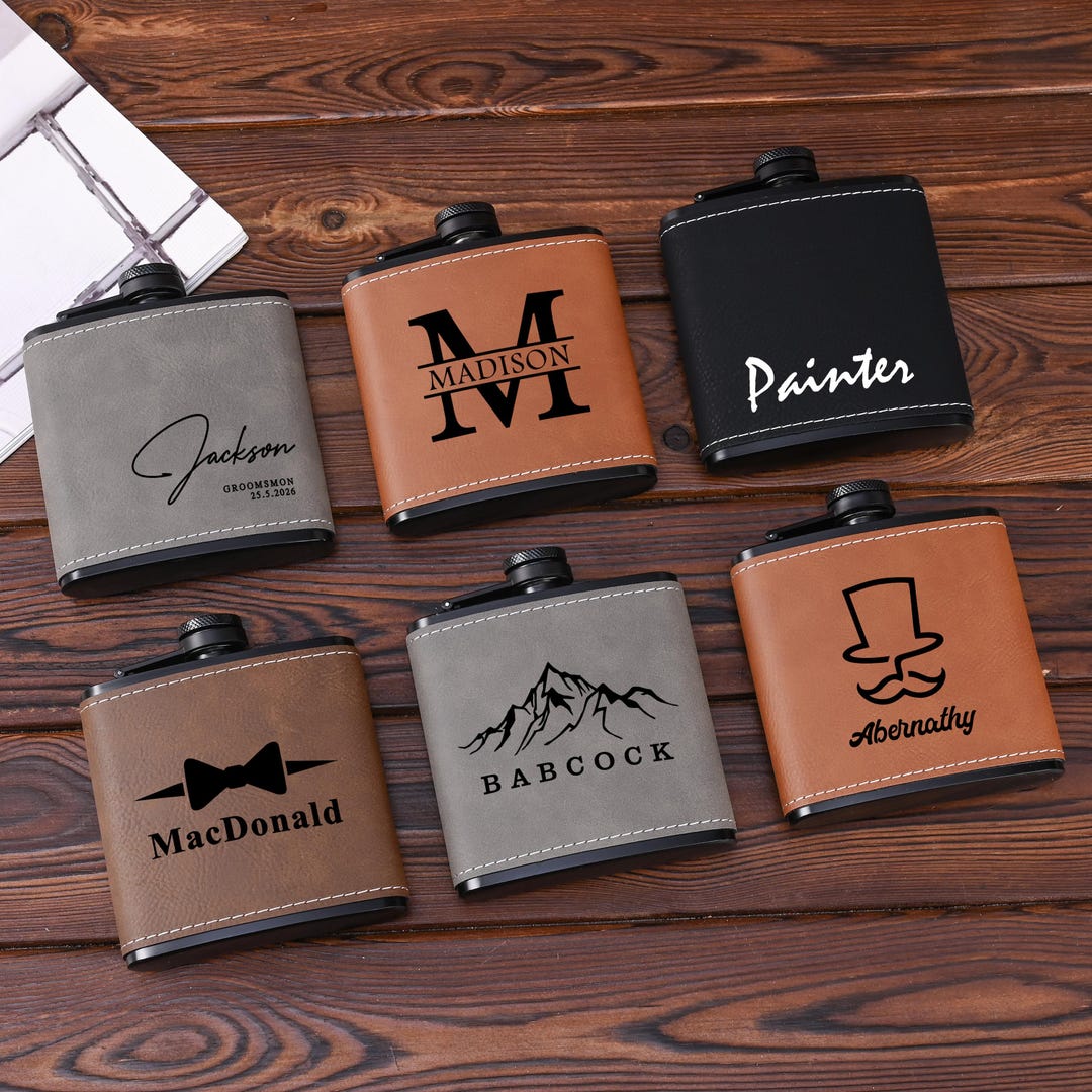 Personalized 6oz Engraved Leather Flask for Men/ Custom Leather Hip ...