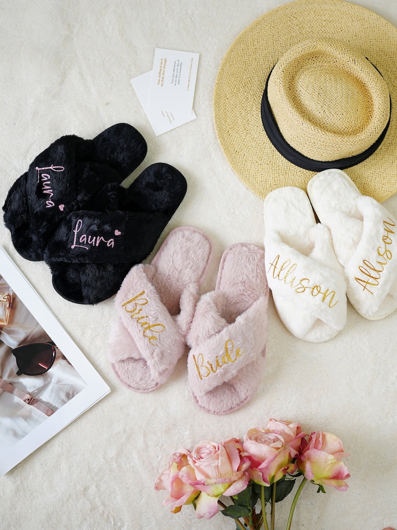 Custom Fluffy Bridesmaid Slippers/ Bridal Shower/ Bride Slippers ...