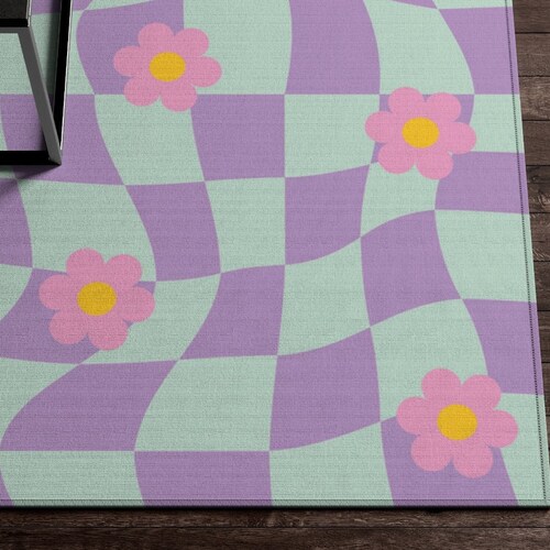 Pink Checkered Rug Checkerboard Flower Rug Cute Rug Danish - Etsy
