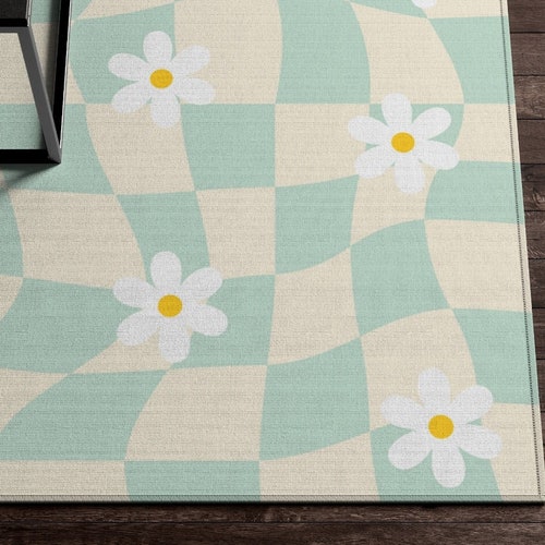 Sage Green Yellow Checkered Rug Checkerboard Daisy Flower - Etsy