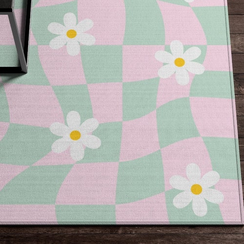 Green Yellow Checkered Rug Checkerboard Flower Rug Cute Rug - Etsy