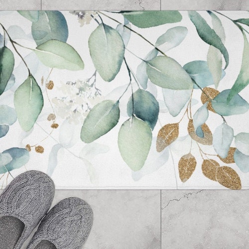 Eucalyptus Botanical Green and Gold Brown Bath Mat Non-slip | Etsy