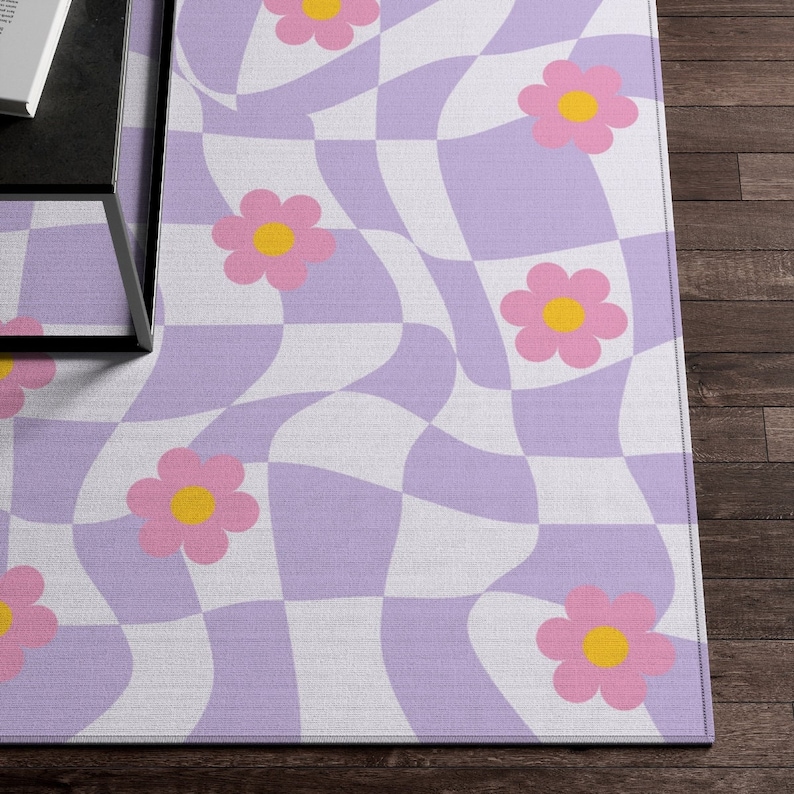 Purple Checkered Rug Checkerboard Flower Rug Cute Rug - Etsy