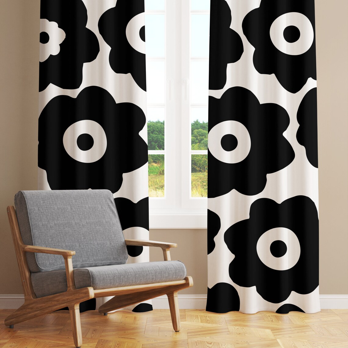 Retro Floral Curtains for Living Room, Funky Poppies Boho Blackout ...