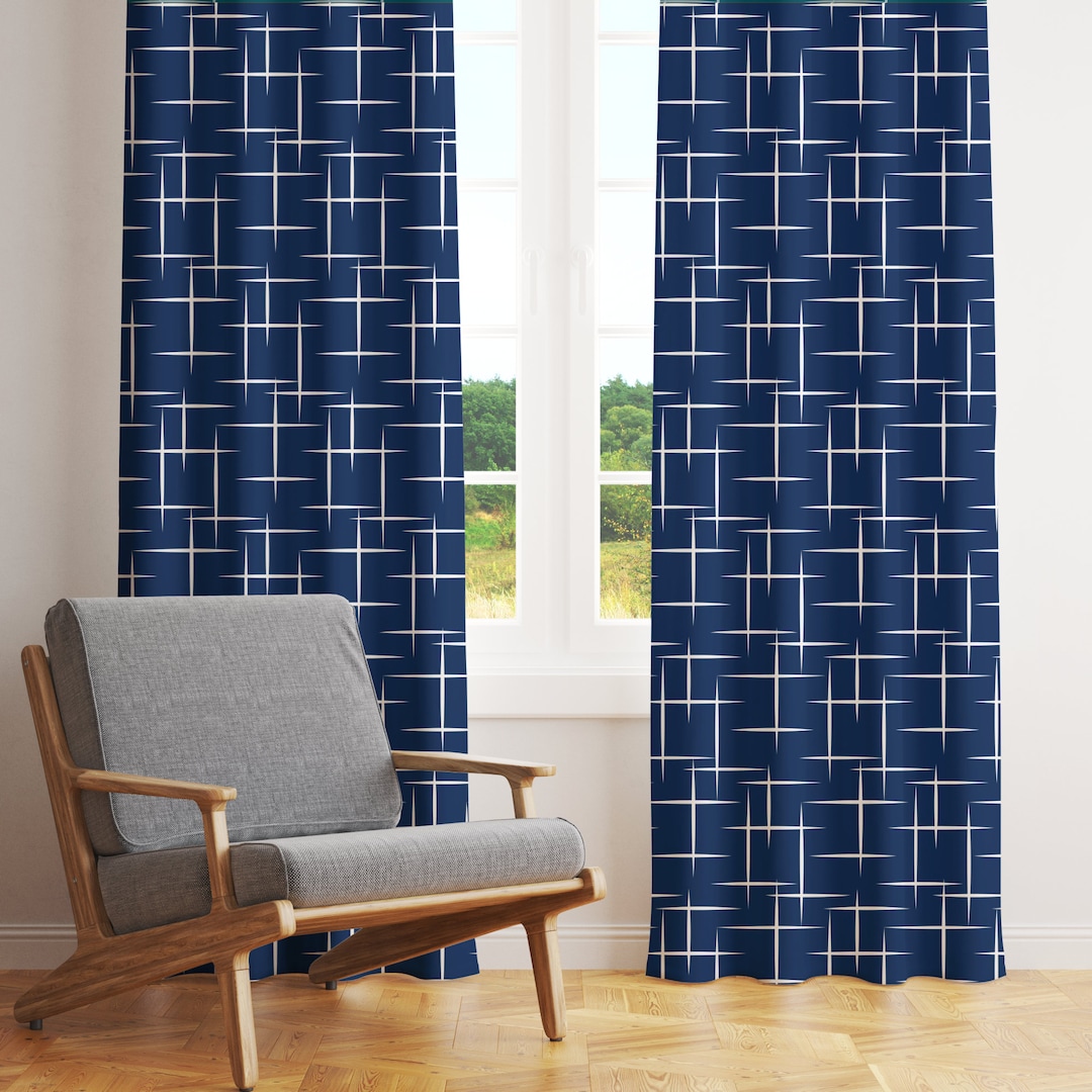 Mid Century Modern Curtains, Retro Boho Blackout Curtains, Navy Blue ...