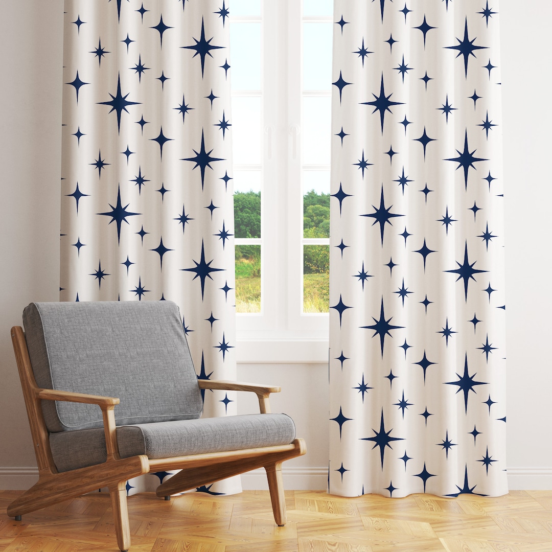 Mid Century Modern Boho Curtains, Retro Blackout Curtains, Navy Blue ...