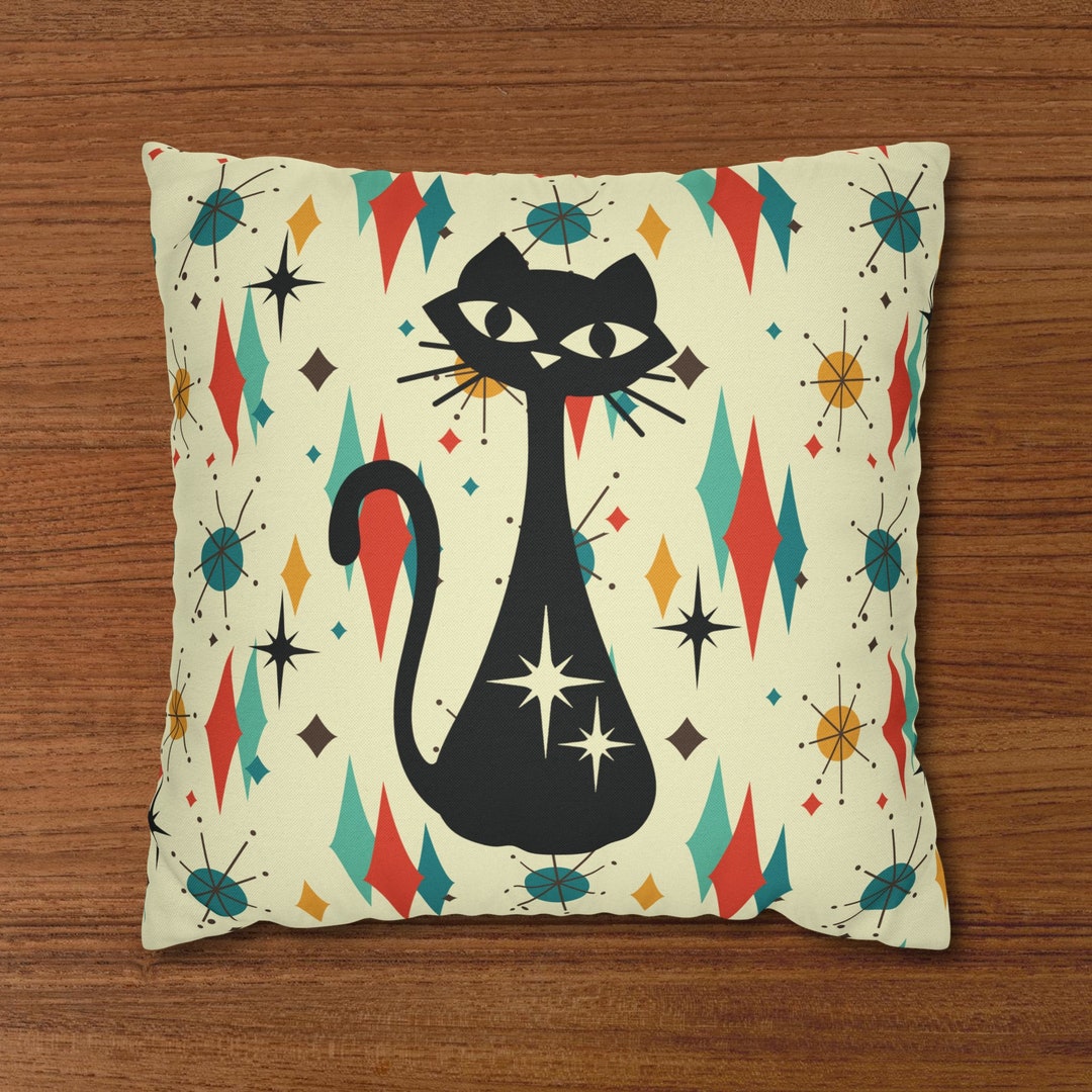 Atomic Cat Mid Century Modern Throw Pillow Cover, Mcm Starburst Retro ...