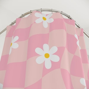 Pink Wavy Checkered Boho Shower Curtain, Checkerboard Daisy Flower ...