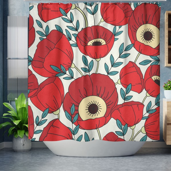Shower Curtain With Red Poppy Etsy