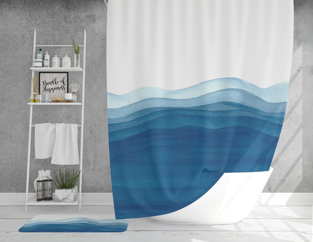 Blue Waves Abstract Art Shower Curtain, Watercolor Ocean Navy Nautical ...