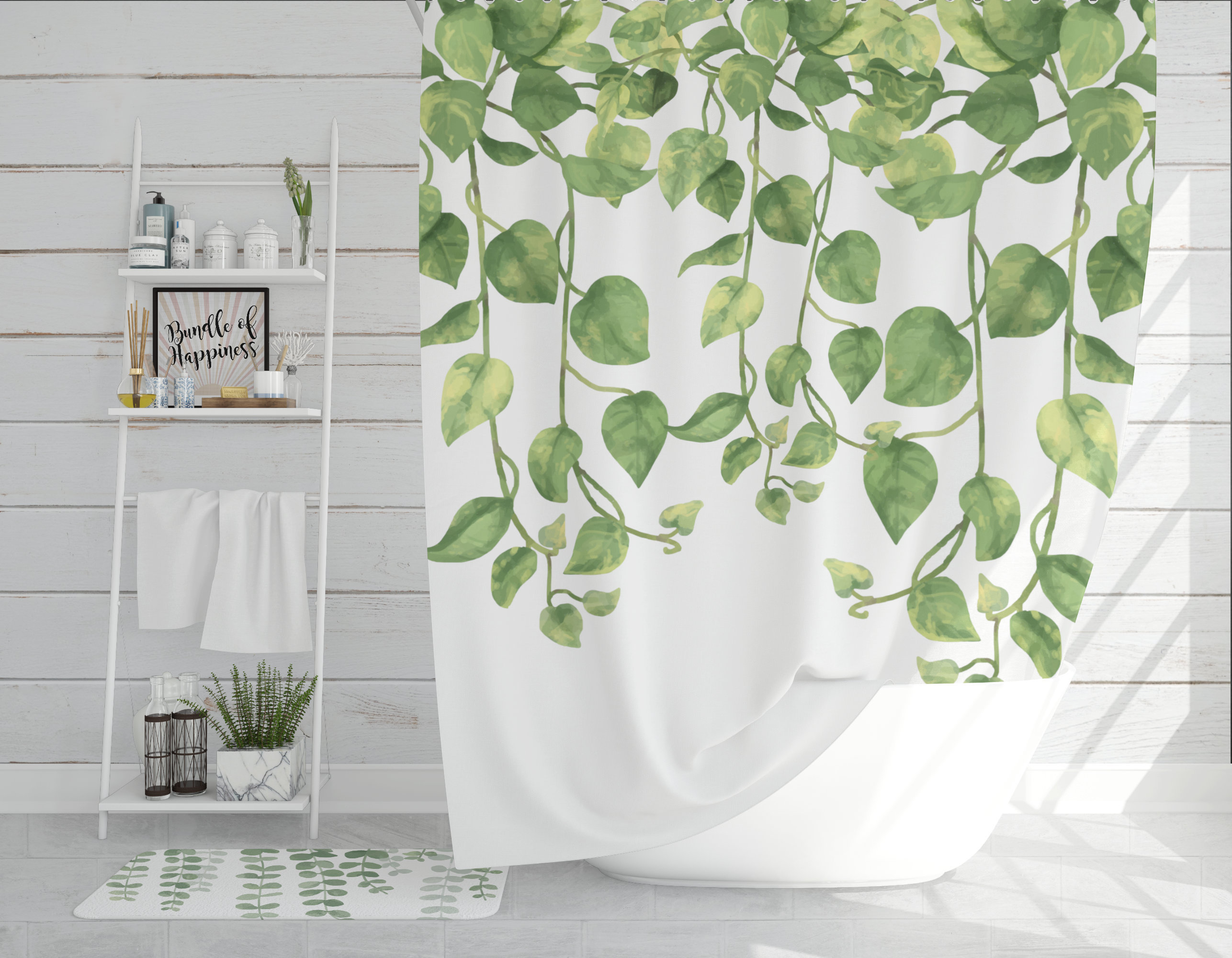 Golden Pothos Leaves Green Shower Curtain Watercolor Vines - Etsy