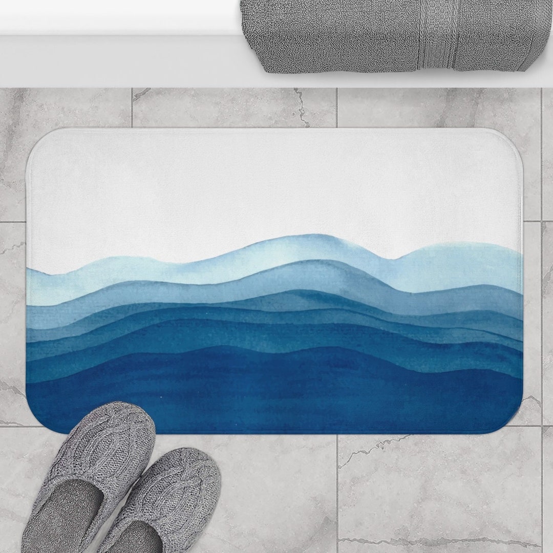 Blue Waves Abstract Art Bath Mat, Watercolor Ocean Navy Nautical Bath ...