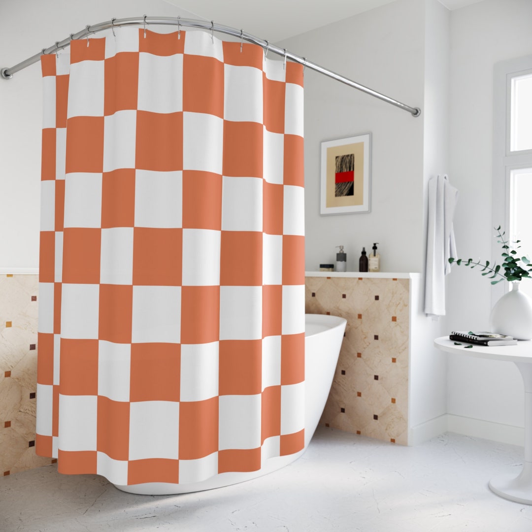 Orange White Checkered Boho Shower Curtain, Retro Shower Curtain, Indie ...