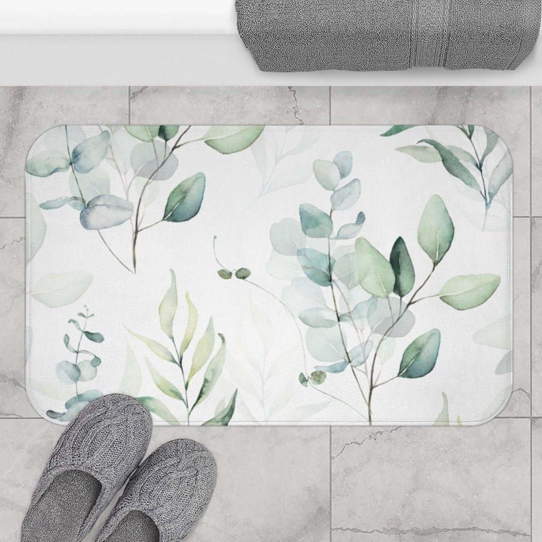 Elegant Farmhouse Bath Mat, Eucalyptus Botanical Green and White Non ...