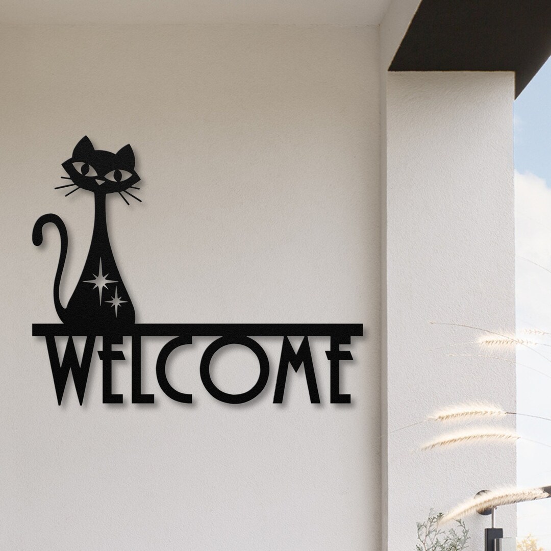 Atomic Cat Welcome Sign for Front Porch, Mid Century Modern Starburst ...