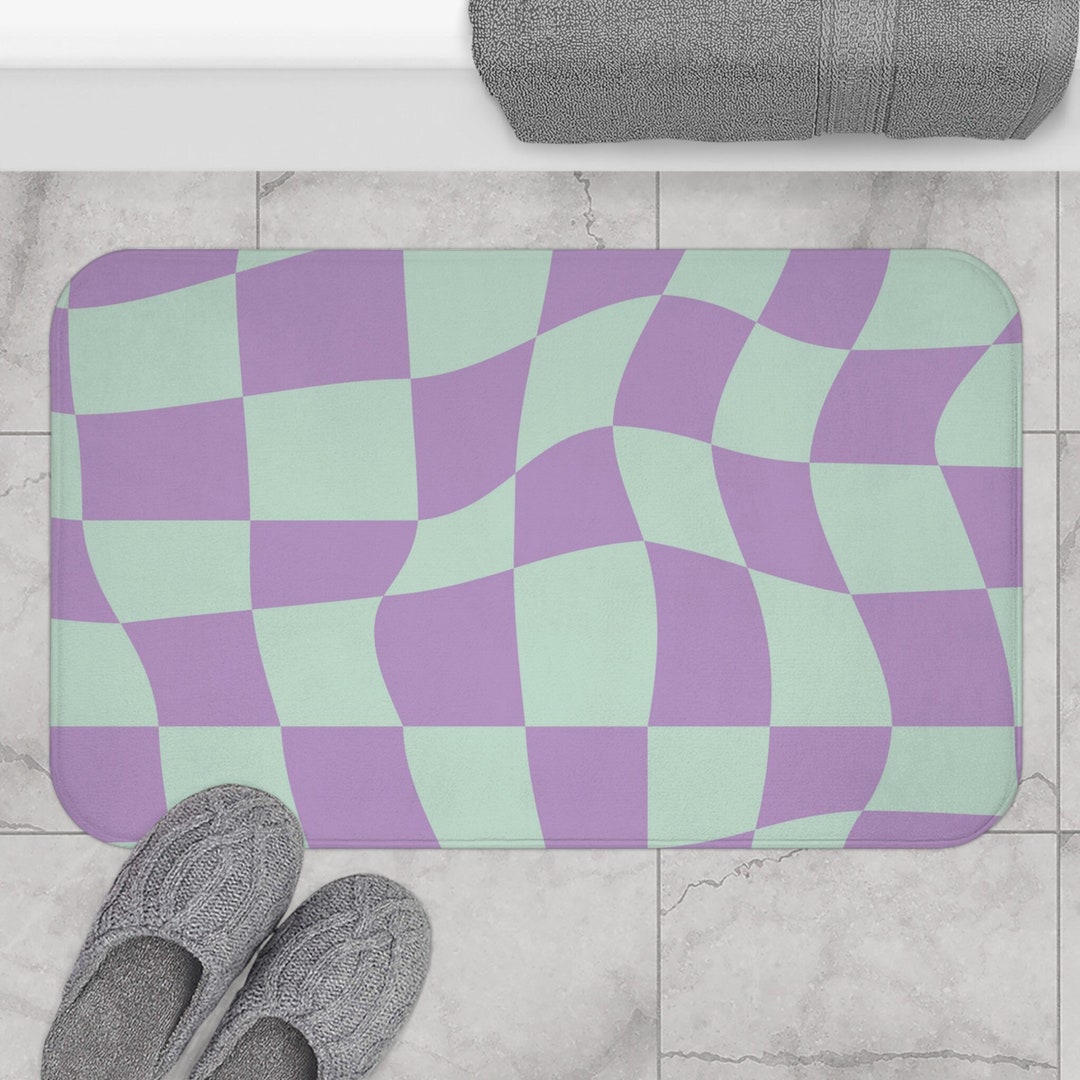 Sage Green Purple Wavy Checkered Boho Bath Mat, Checkerboard Retro Bath ...