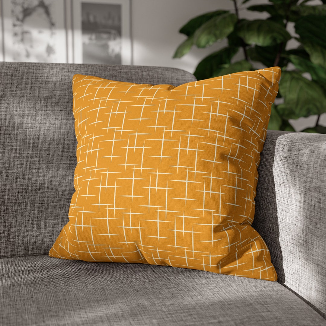Retro Throw Pillow Cover, Mustard Yellow Atomic Starburst Mid Century ...