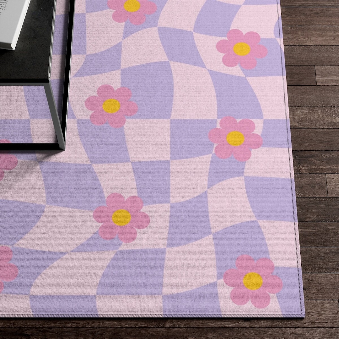 Checkered Rug, Purple Blush Pink Checkerboard Flower Rug, Cute Rug ...