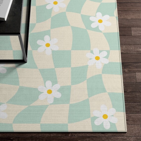 Sage Green Yellow Checkered Rug Checkerboard Daisy Flower - Etsy