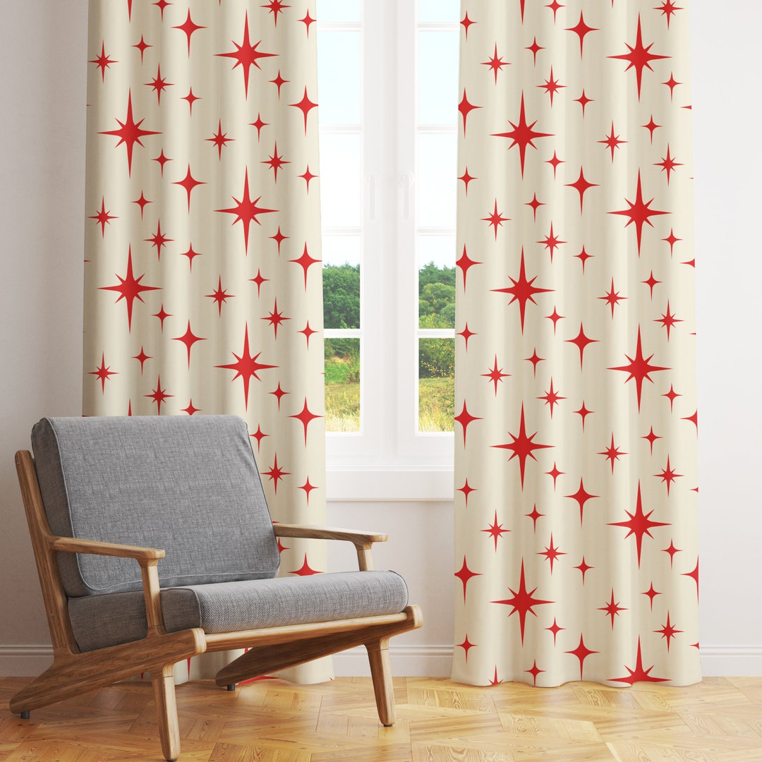 Mid Century Modern Curtains, Retro Boho Blackout Curtains, Cream Red ...