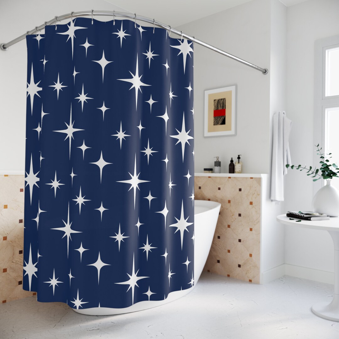 Navy Blue Atomic Starburst Mid Century Modern Boho Shower Curtain ...