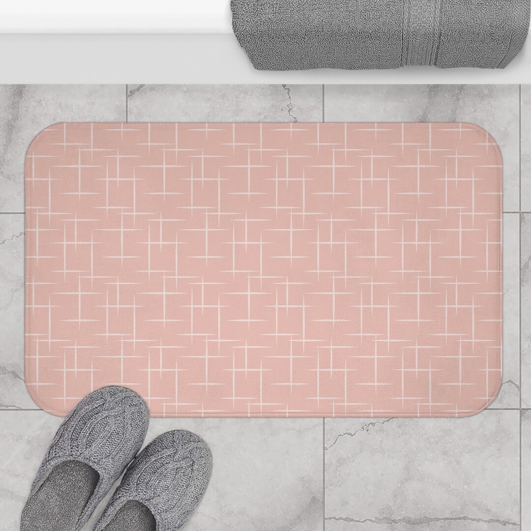 Retro Bath Mat, Mid Century Modern Boho Bath Rug, Pink and White Atomic ...
