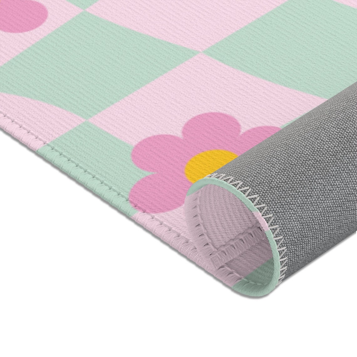 Checkered Rug Sage Green Blush Pink Checkerboard Flower Rug - Etsy