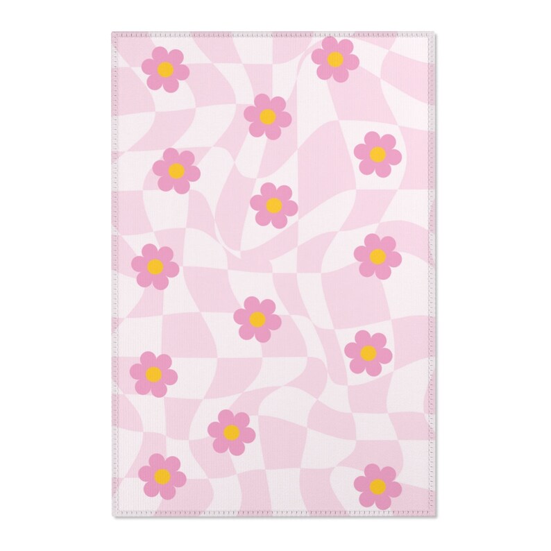 Pink Checkered Rug, Checkerboard Flower Rug, Cute Rug, Danish Pastel ...