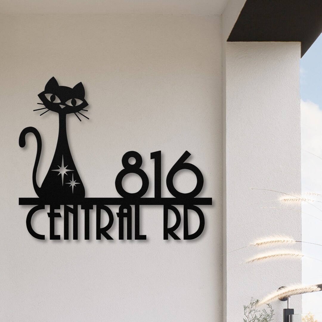 Mid Century Modern Custom Address Sign for House, Mcm Atomic Cat Metal ...