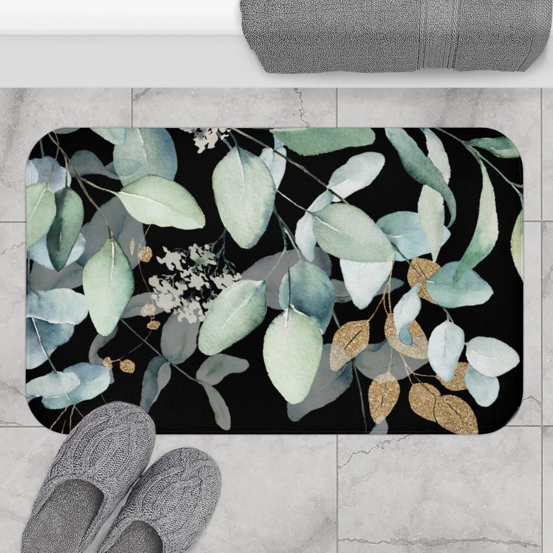 Eucalyptus Botanical Black Green and Gold Brown Bath Mat, Non-slip ...