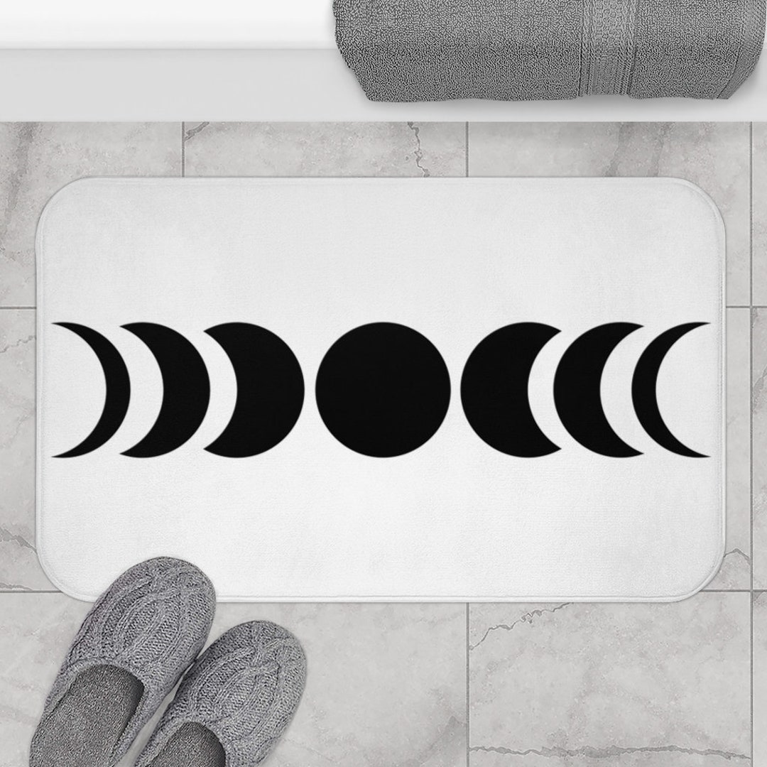 Moon Phases Boho Bath Mat, Black and White Moons Bohemian Bath Mat ...