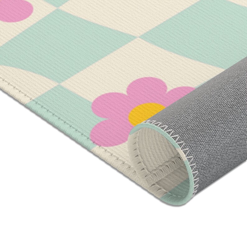 Green Yellow Checkered Rug, Checkerboard Flower Rug, Cute Rug, Danish ...