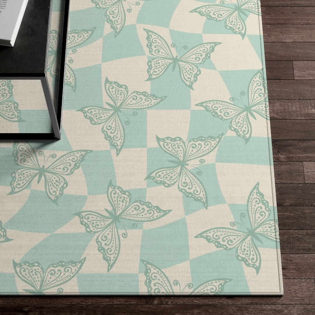 Sage Green Yellow Checkered Rug, Checkerboard Butterfly Rug, Cute Rug ...