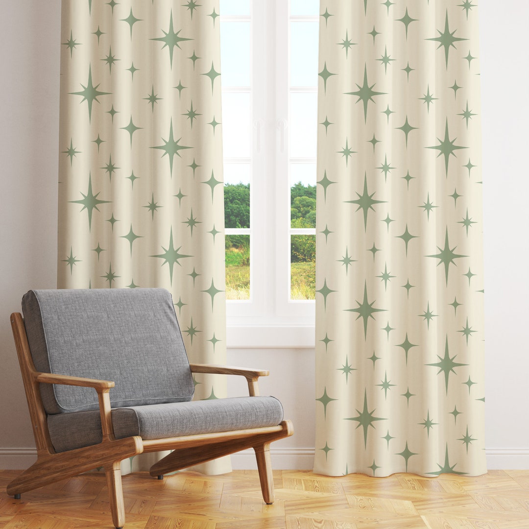 Mid Century Modern Boho Curtains, Retro Blackout Curtains, Cream Sage ...