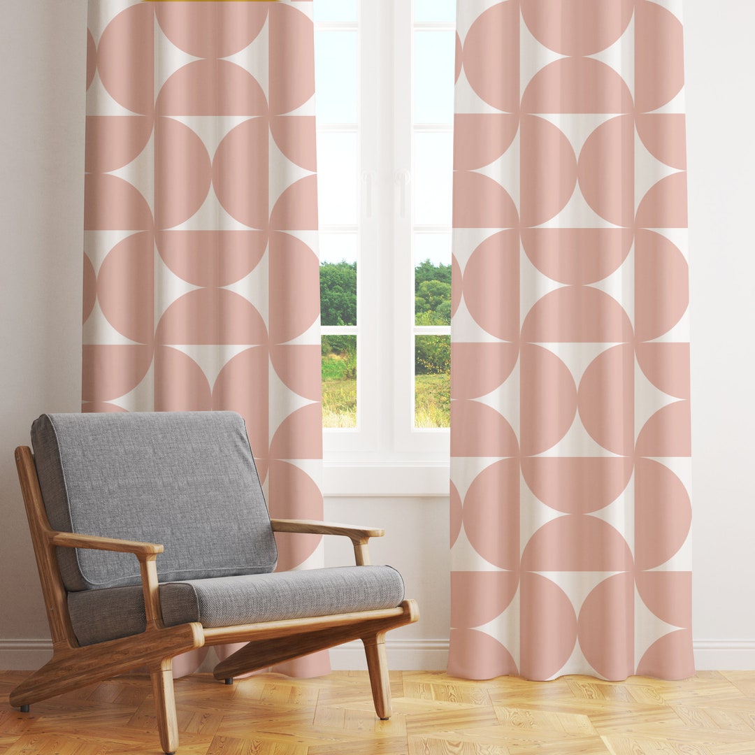 Mid Century Modern Curtains, Retro Boho Blackout Curtains, Pink White Geometric Bauhaus Sheer ...