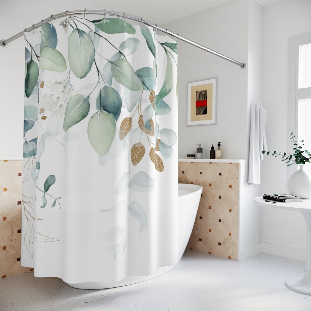 Eucalyptus Modern Minimalist Gold and Green Shower Curtain, Botanical ...