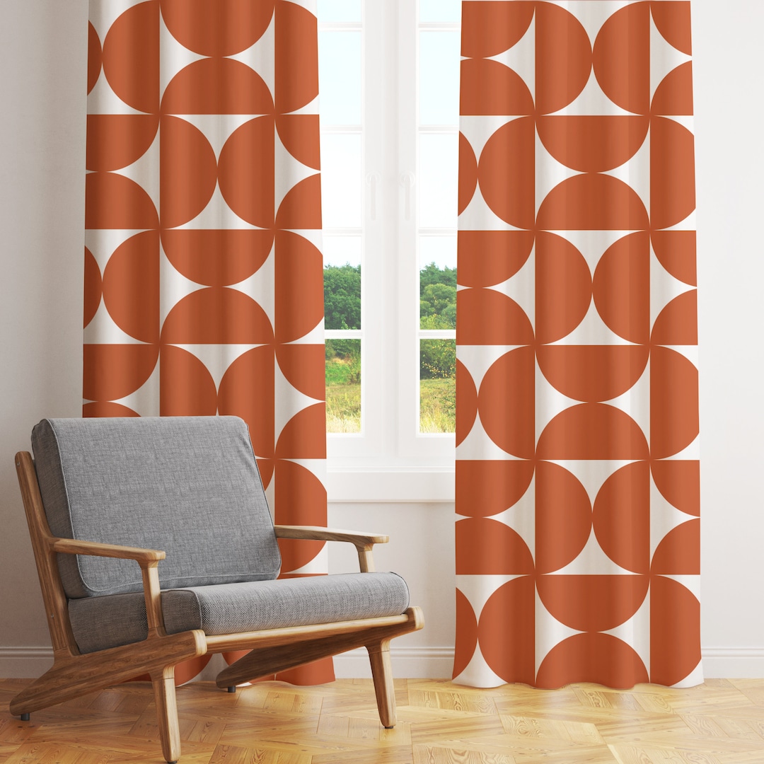 Mid Century Modern Curtains, Retro Boho Blackout Curtains, Terracotta Burnt Orange Geometric ...