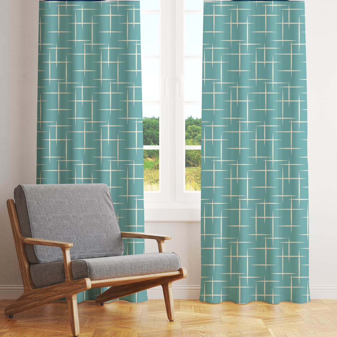 Mid Century Modern Curtains, Retro Boho Blackout Curtains, Aqua Cream ...