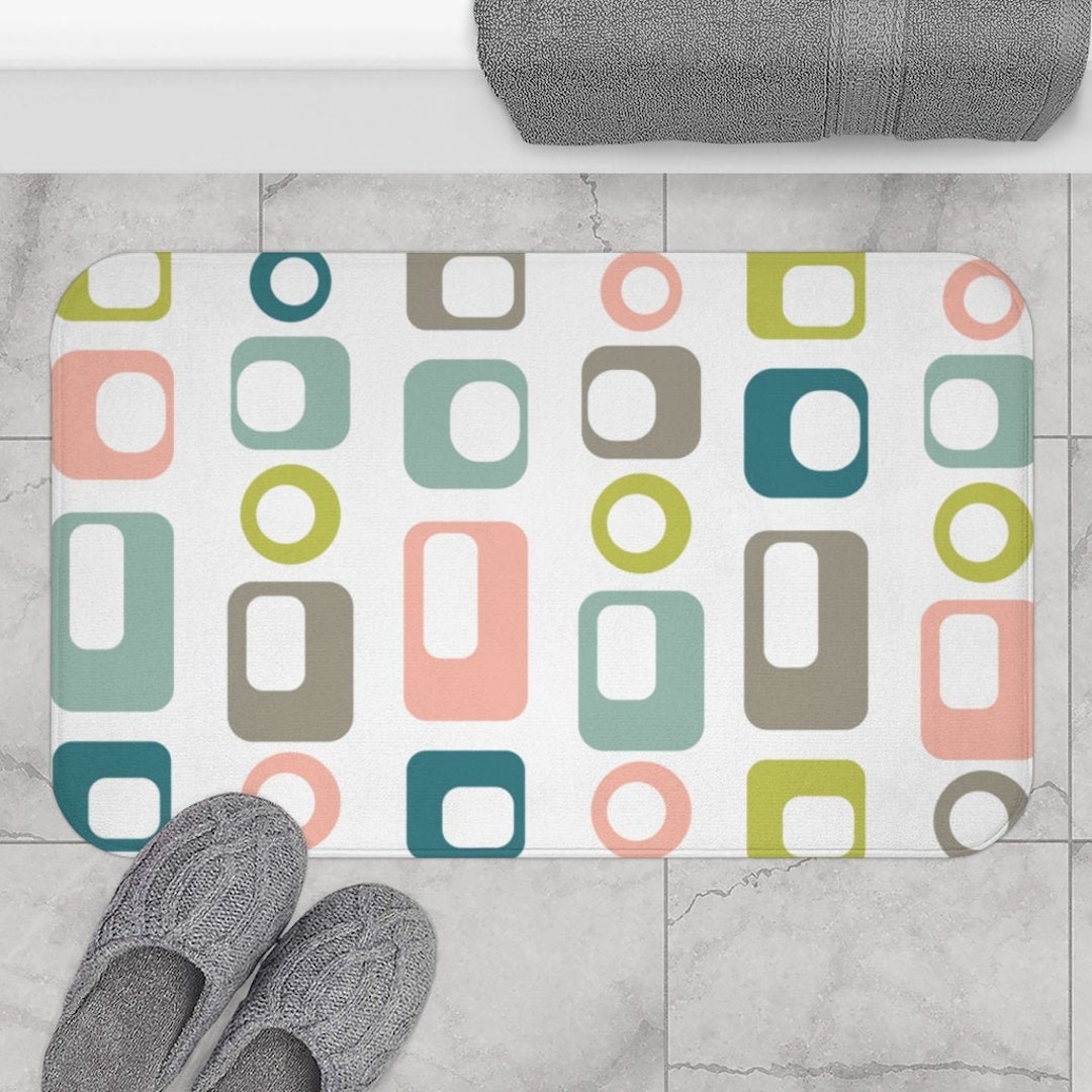 Retro Bath Mat, Mid Century Modern Boho Bath Rug, Colorful Abstract ...