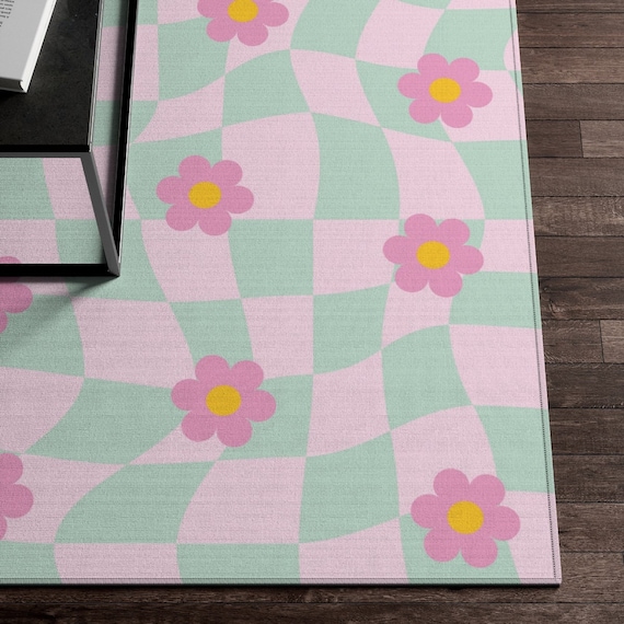 Checkered Rug Sage Green Blush Pink Checkerboard Flower Rug - Etsy