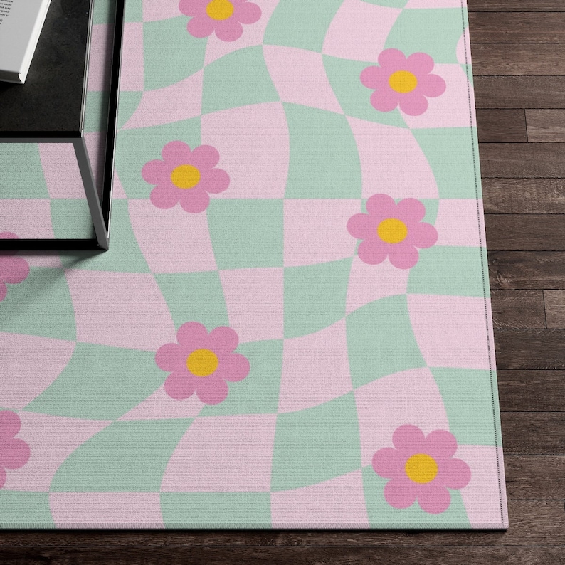 Checkered Rug Sage Green Blush Pink Checkerboard Flower Rug - Etsy