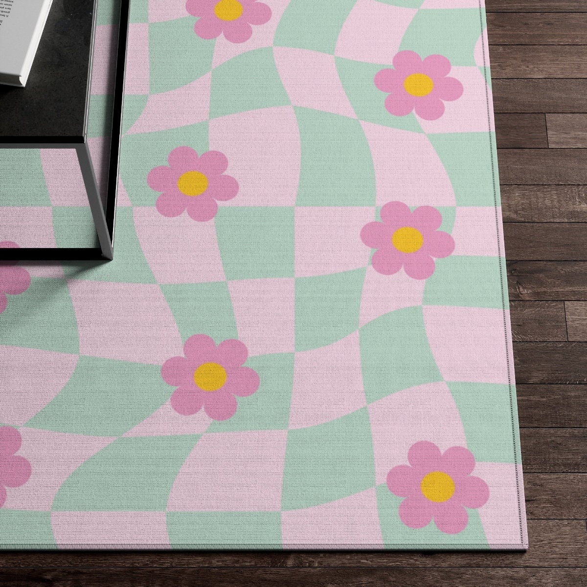 Checkered Rug Sage Green Blush Pink Checkerboard Flower Rug - Etsy
