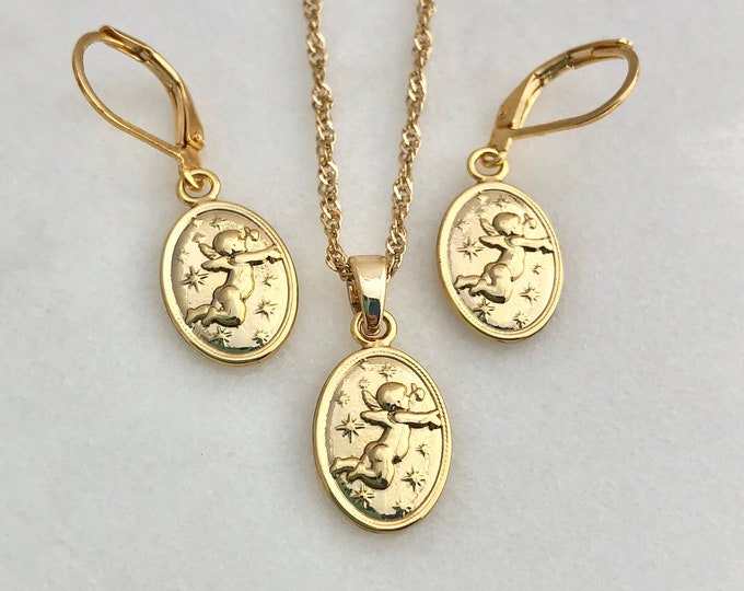 18K Gold Plated Oval Cupid Coin Necklace & Earrings, Cupid Charm, Angel ...