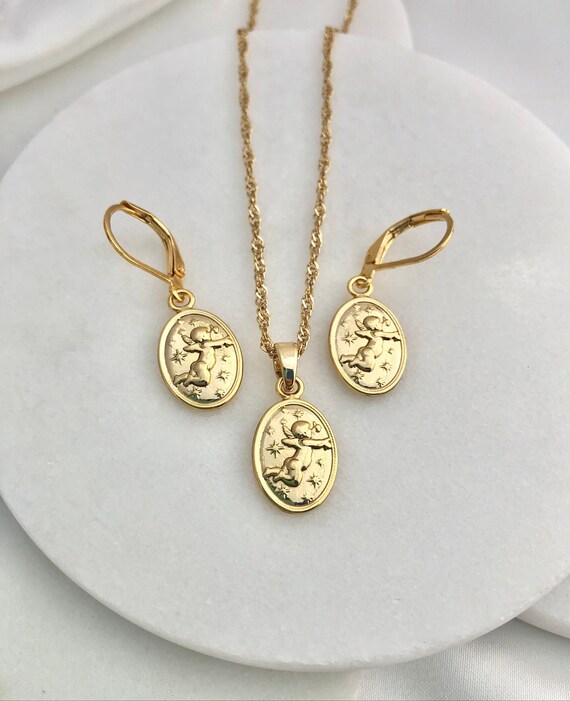 18K Gold Plated Oval Cupid Coin Necklace & Earrings Cupid | Etsy