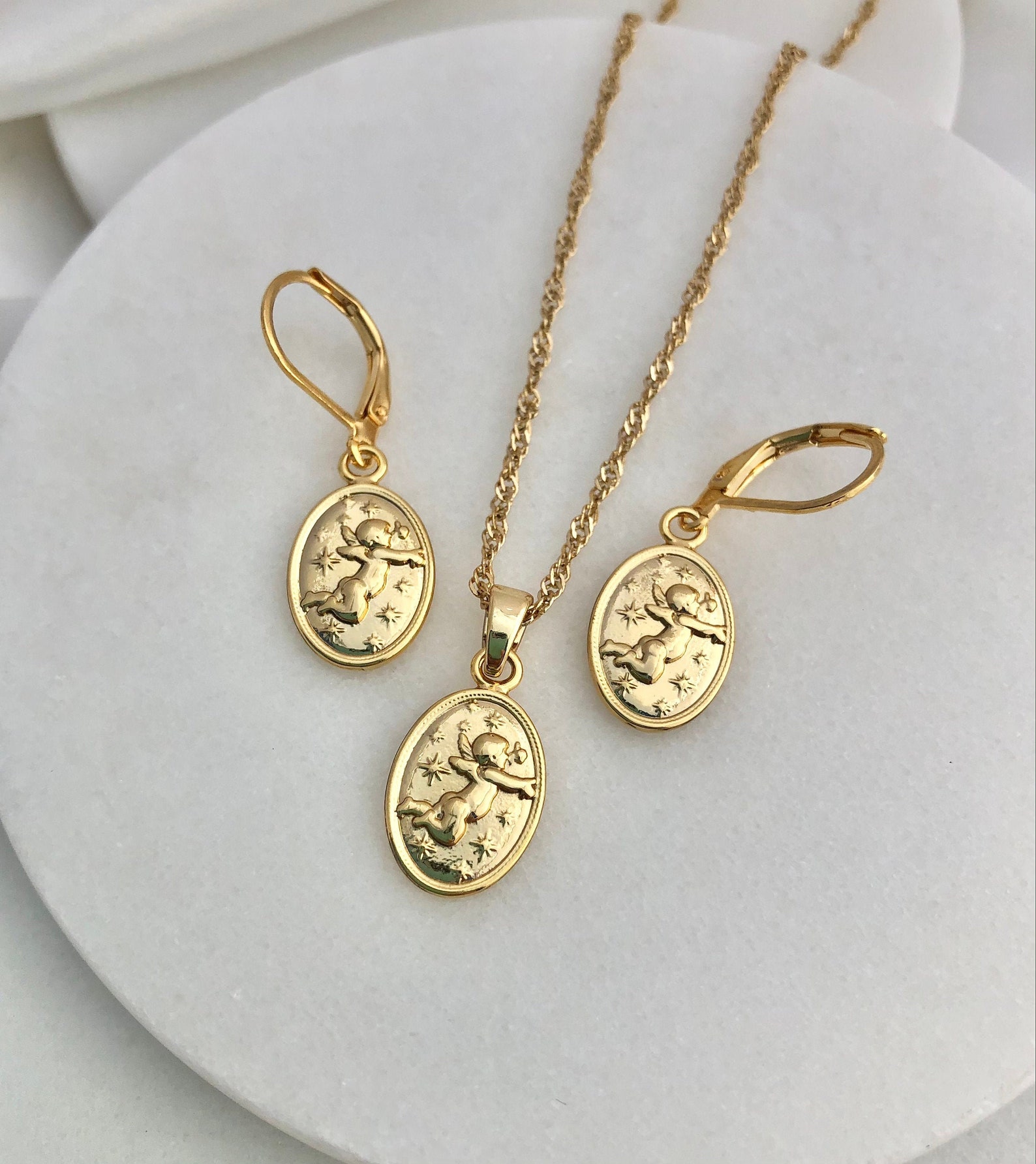 18K Gold Plated Oval Cupid Coin Necklace & Earrings Cupid | Etsy